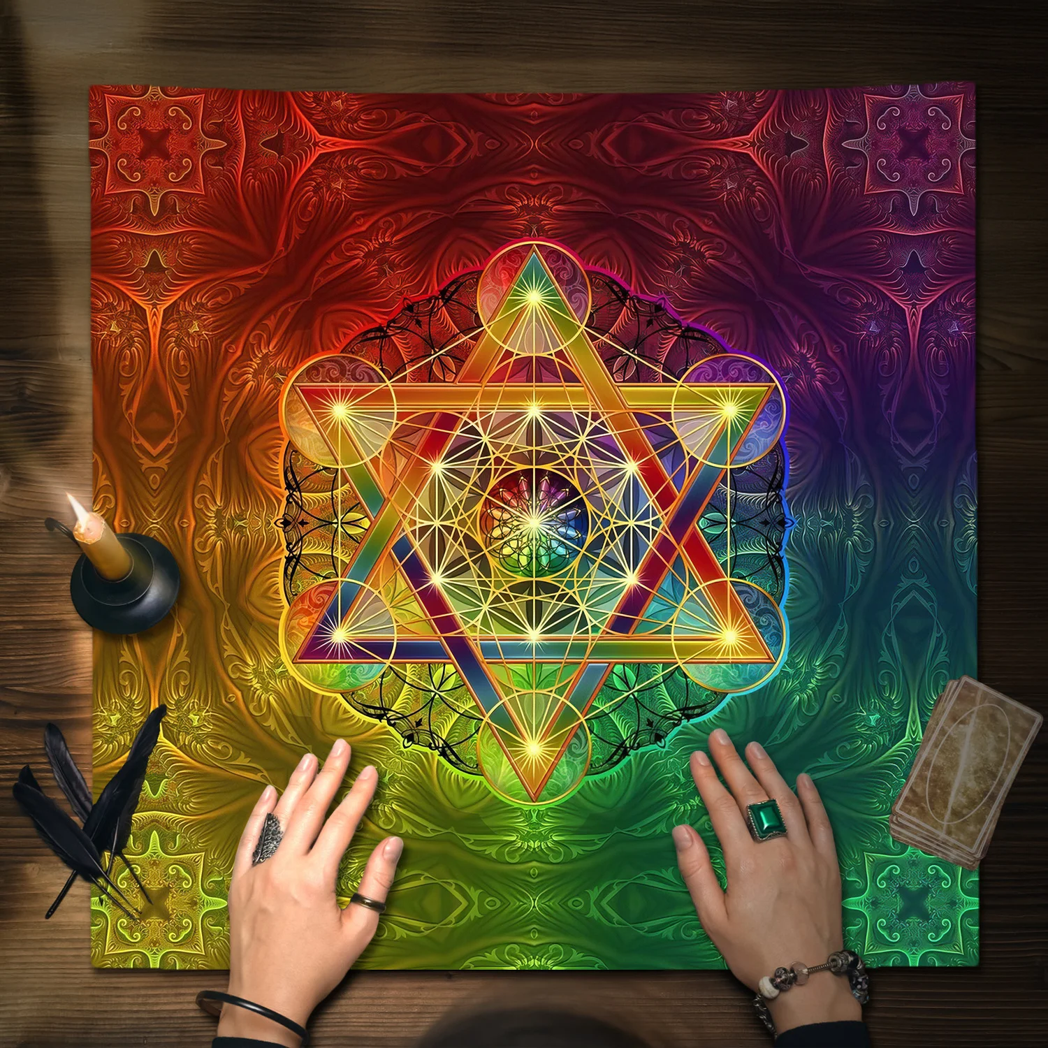 Vivid Sacred Geometry Tarot Tablecloth Medieval Metatron Cube Star of ...