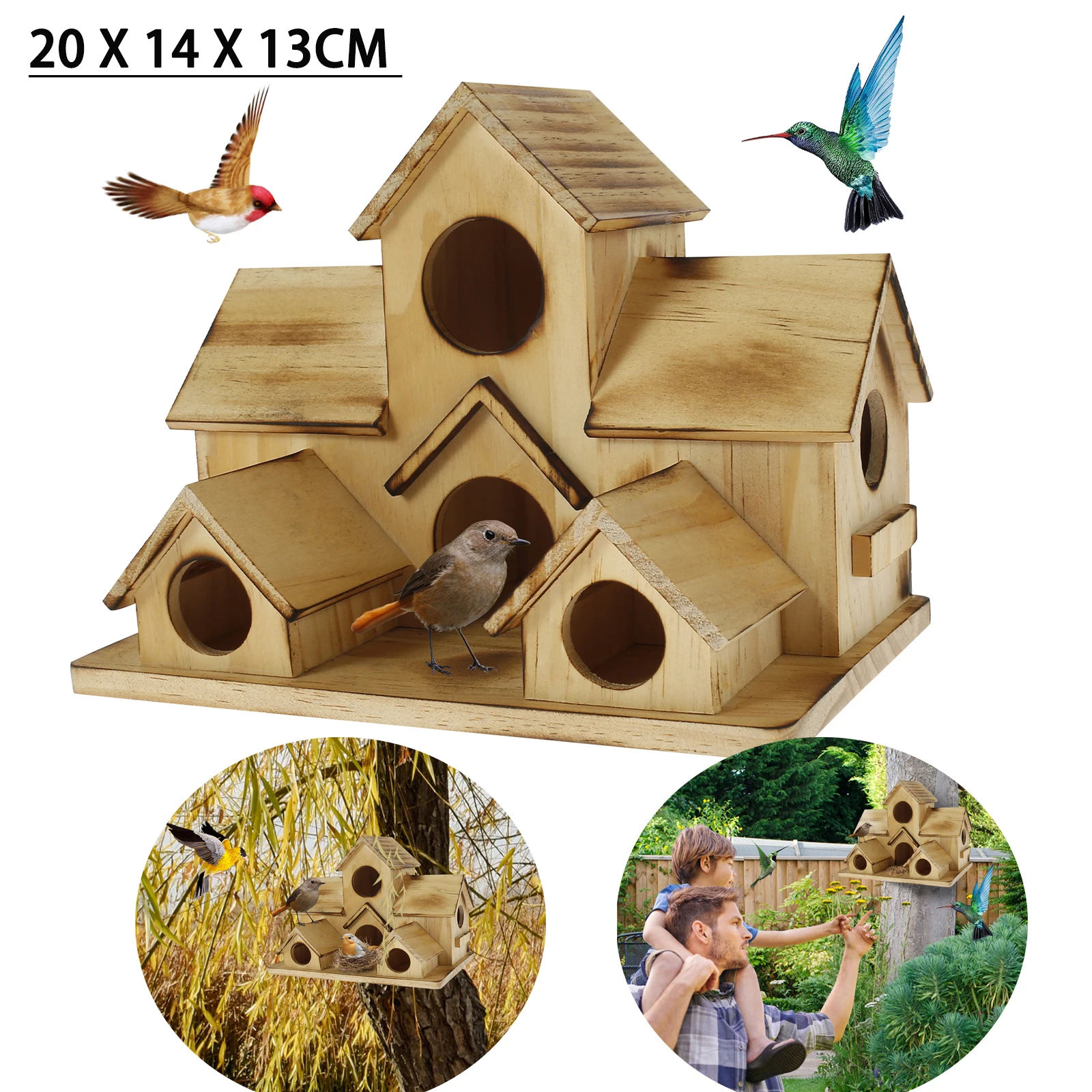 Hanging-Bird-House-with-6-Holes-Handmade-Wood-Birdhouse-Nesting-Box ...