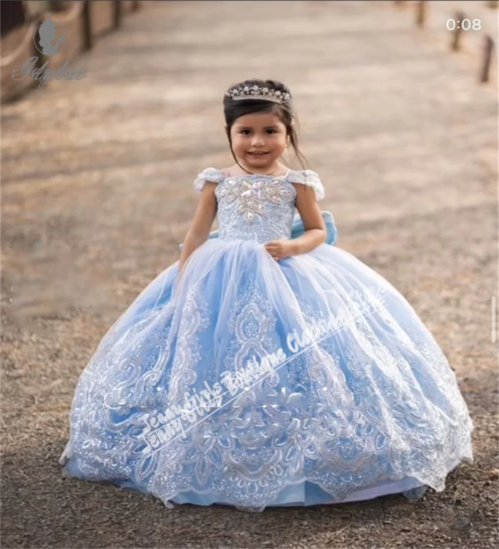 Light-Blue-Cute-Flower-Girl-Dress-Tulle-Satin-Bow-Birthday-Prom-Party ...