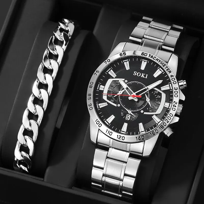 2pc Silver Quartz Watch With Chain Bracelet For Men Casual Business ...