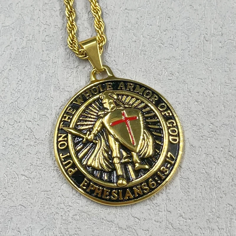 Men's Pendant Stainless Steel gold color Cross Red Armor Shield Knight ...