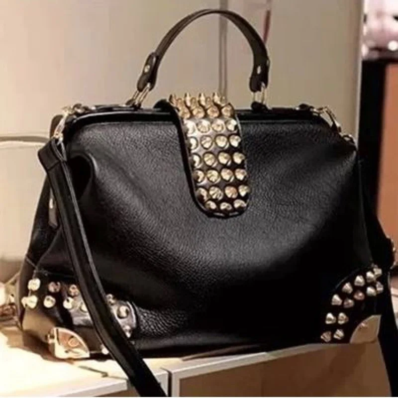 Black-Fashion-Women-Handbags-PU-Leather-Rivet-Ladies-Shoulder-Bags-Punk ...