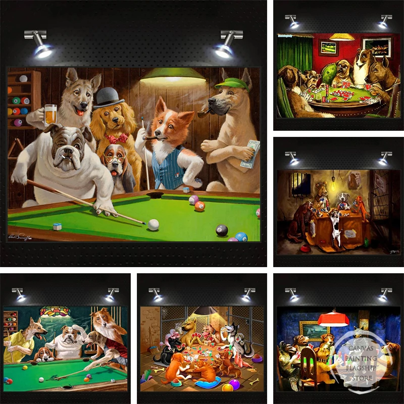 Retro Funny Animals Dog Playing Poker and Pool Billiards Canvas ...