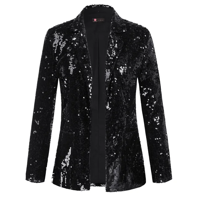 KK Women Shiny Blazer Sparkling Sequins Coat Long Sleeve Lapel Collar ...