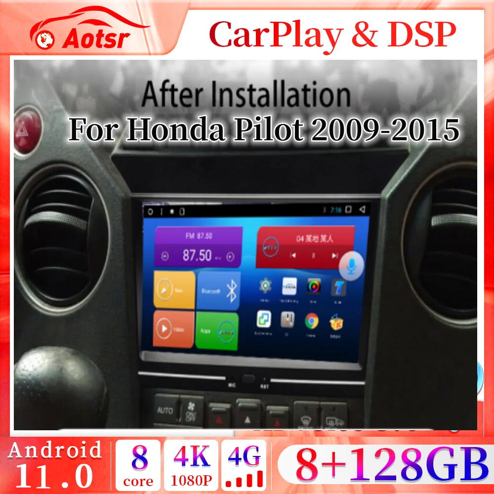Android 13.0 6+128GB CarPlay Stereo For Honda Pilot 2009-2015 Radio Car Multimedia Player GPS ...
