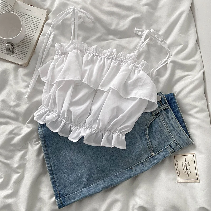 투피스 세트 패션 정장 프랑스 나이를 줄이는 레이스 업 슬링 조끼 로터스 리프 나무 귀 탑 하이 웨이스트 데님 스커트
