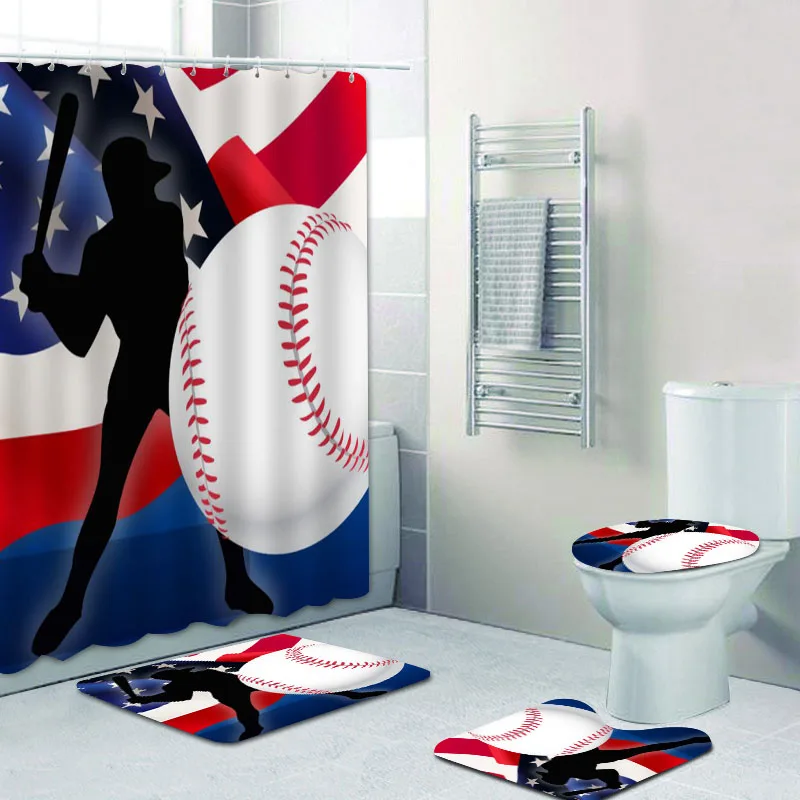 Bath Curtains Mats Rugs | Shower Curtain Set | Baseball Ball Mat ...