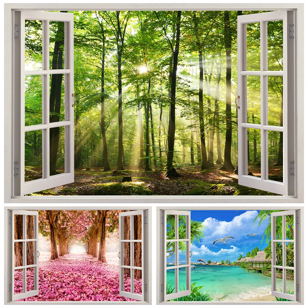 Imitation Window Sunshine Forest Landscape Wall Sticker Self Adhesive ...