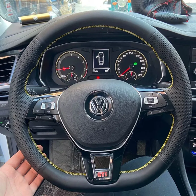 Hand-stitched-non-slip-Black-genuine-Leather-car-Steering-Wheel-Cover ...
