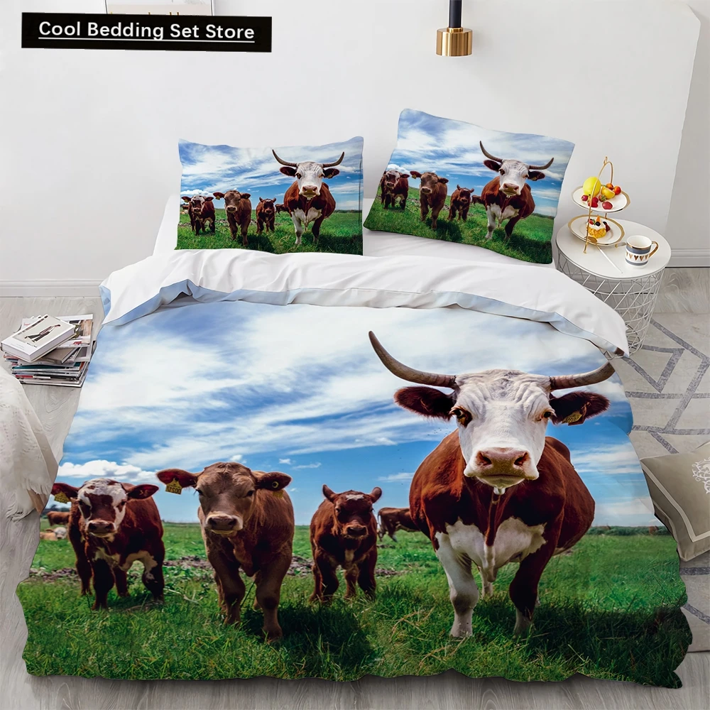 Cow Herd Pattern King Queen Bedding Set Highland Bull Farm Animal Duvet ...