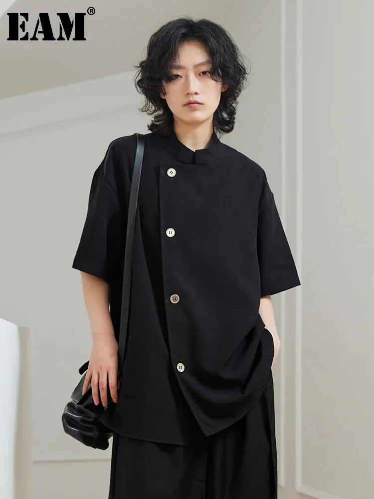 EAM-Women-Black-Big-Size-Vintage-Blouse-New-Stand-Collar-Half-Sleeve ...