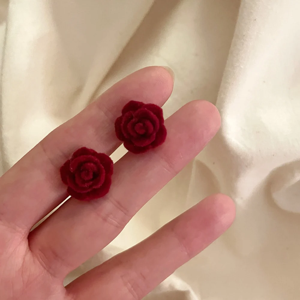 Simple-Vintage-Flocked-Rose-Stud-Earrings-For-Women-Wine-Red-Flower ...