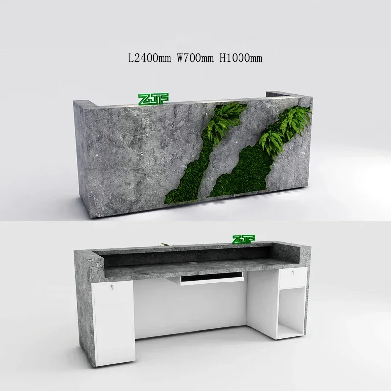 New 2024 Office 2 Person Wood Reception Counters Imitate Grey Marble ...