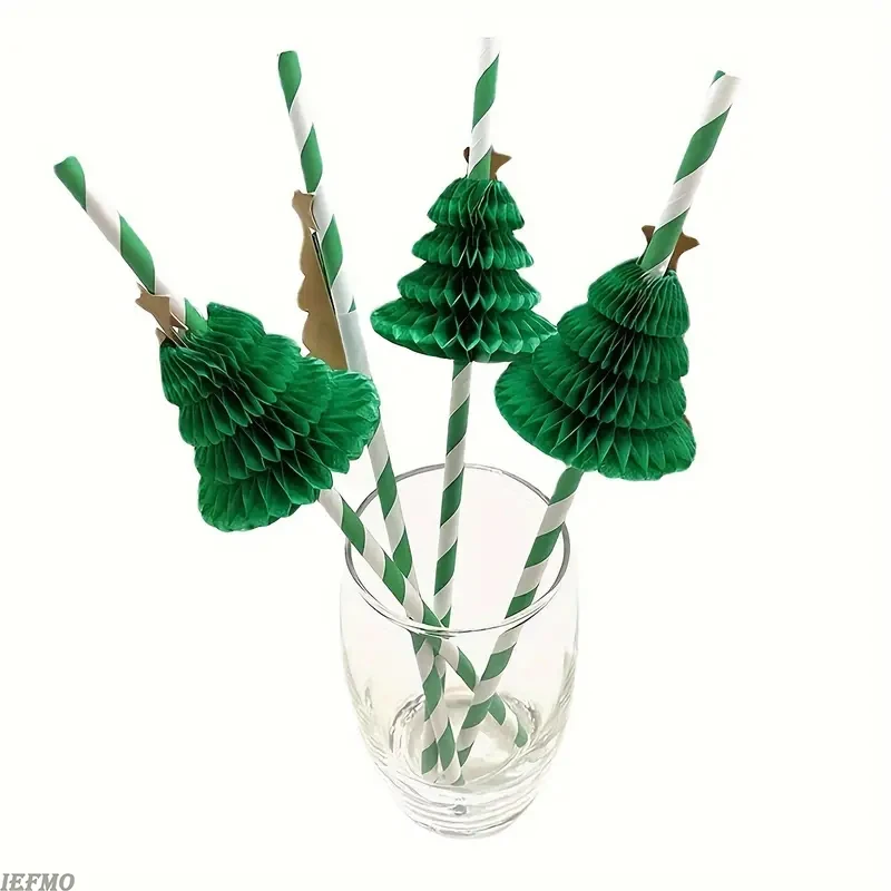 Christmas Tree Honeycomb Paper Straws Holiday Straws with Green Tree ...