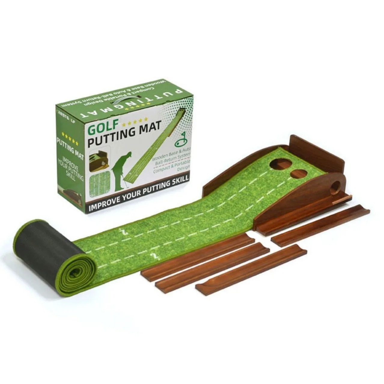 Golf Solid Wood Dual-Hole Putting Practice Tool with Return Track Nylon ...