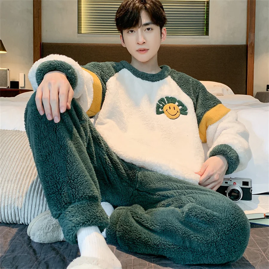 Winter Warm Pajamas Set Men Fluffy Pullover + Plush Long Pants Coral ...