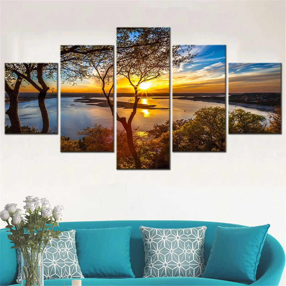 5 Pieces Canvas Wall Art Pictures Sunset Lake Tree Landscape Paintings ...