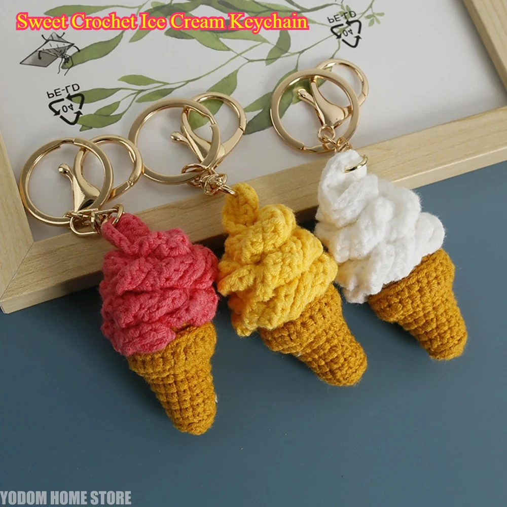Sweet Crochet Ice Cream Keychain - Handmade Yarn Dessert Doll for Bags ...