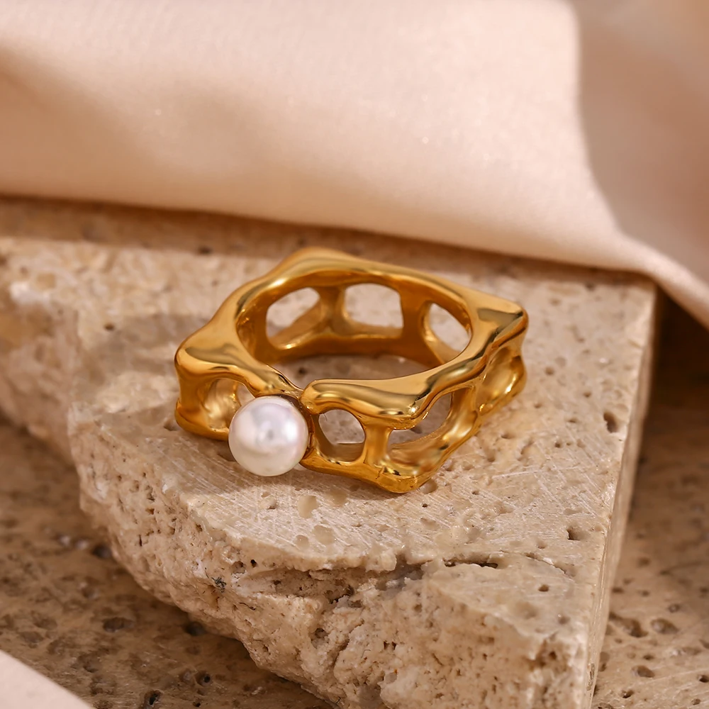 Modern Hollow Square Pearl Rings For Woman Y2K Gold Plated Stainless ...