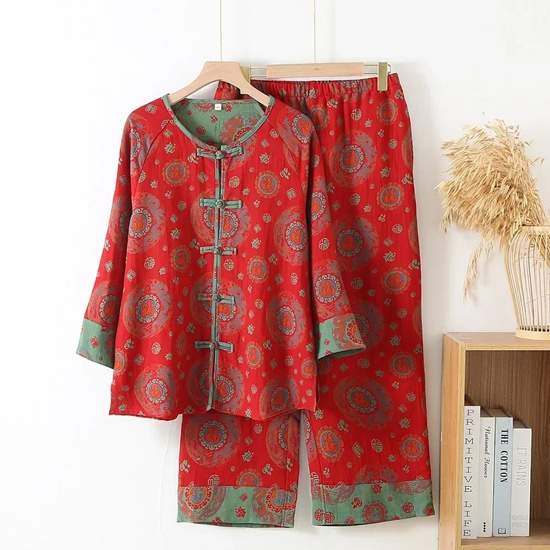 Chinese Style Cotton Double-layer Gauze Women's Pajamas Long Sleeve ...