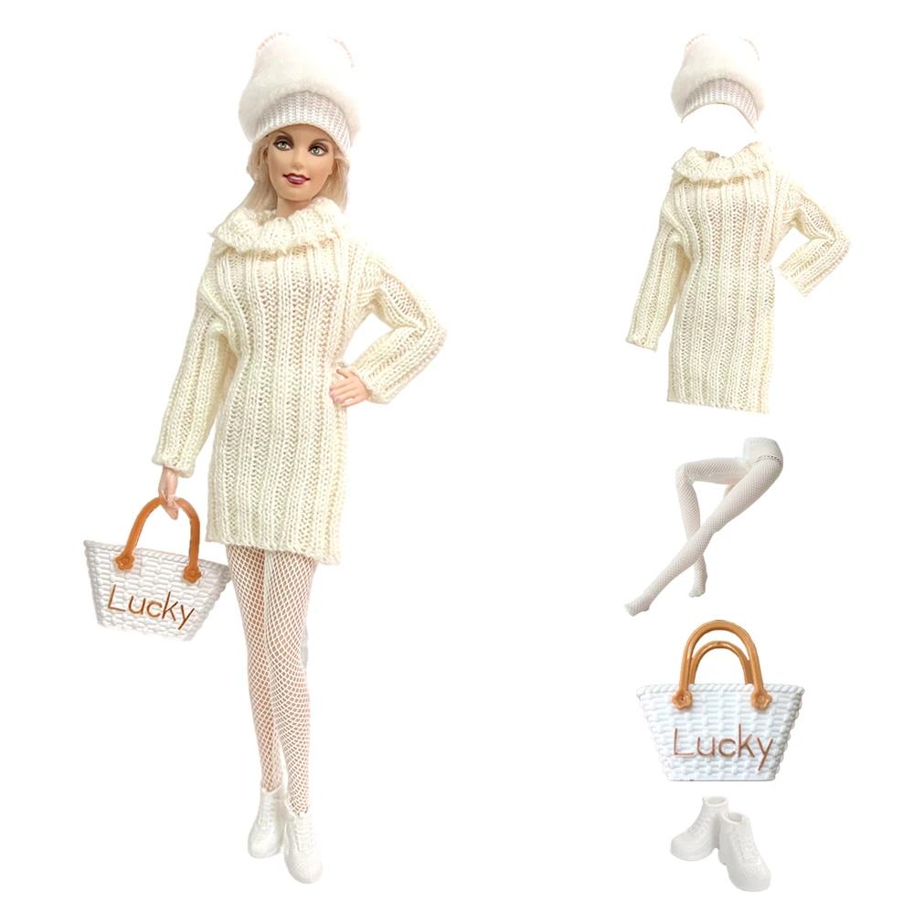 NK-5-Items-Set-Cllothes-For-Barbie-Doll-Fashion-White-Sweater-Hat-Shoes ...