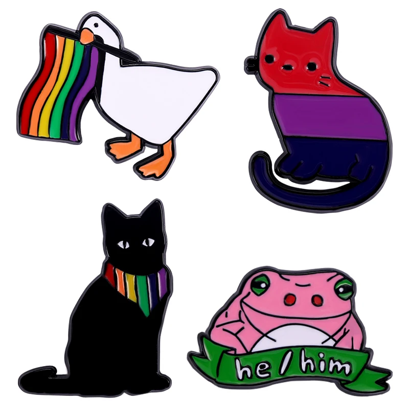 LGBT-Animal-Enamel-Pin-Cat-Frog-He-Him-Goose-Brooch-Metal-Badge-Cute ...