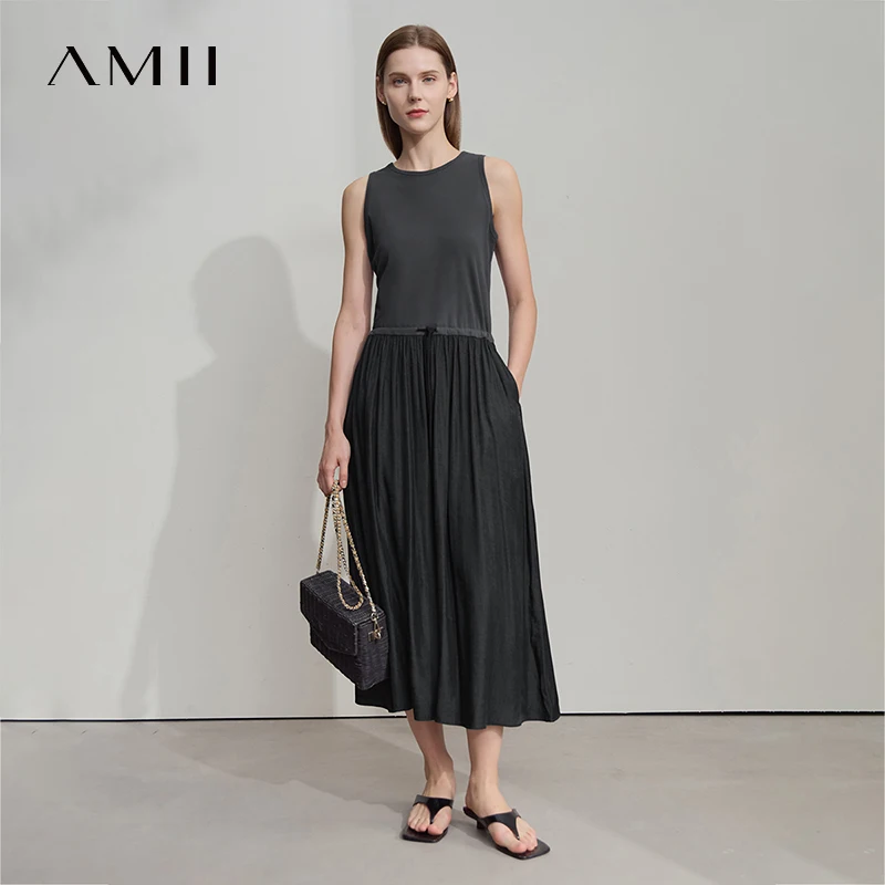 Amii Minimalist Casual Gray Dress Women 2025 Summer New Office Lady O ...