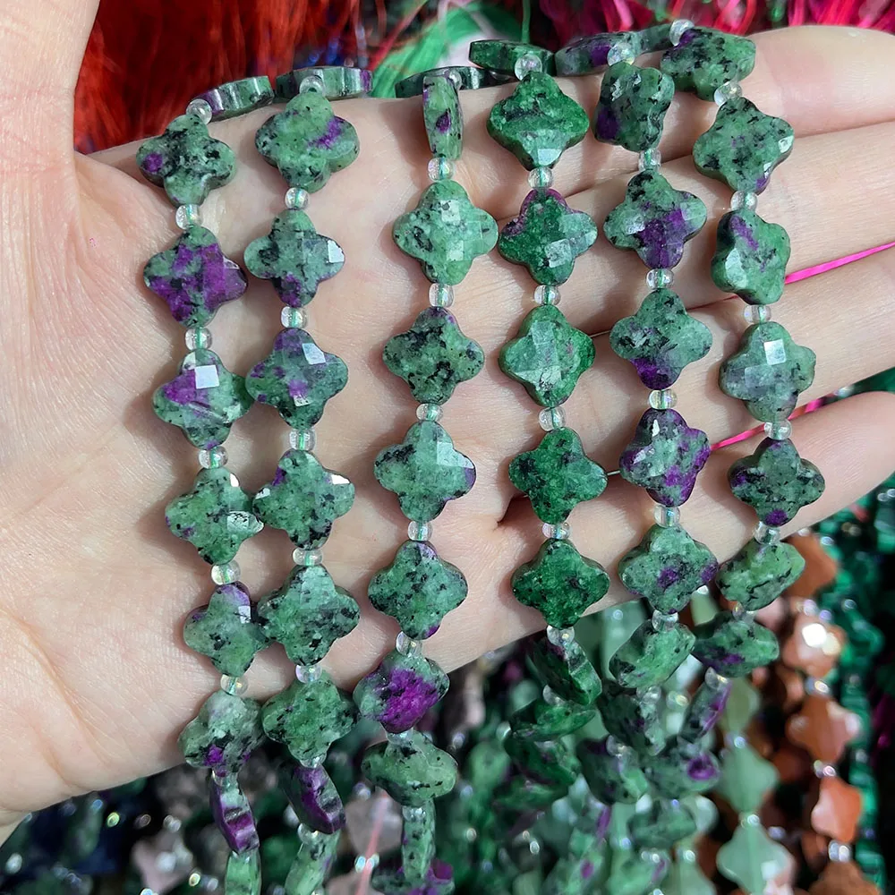 Natural-Gemstone-Ruby-Zoisite-10-12mm-White-Quartz-Faceted-Four-leaf ...