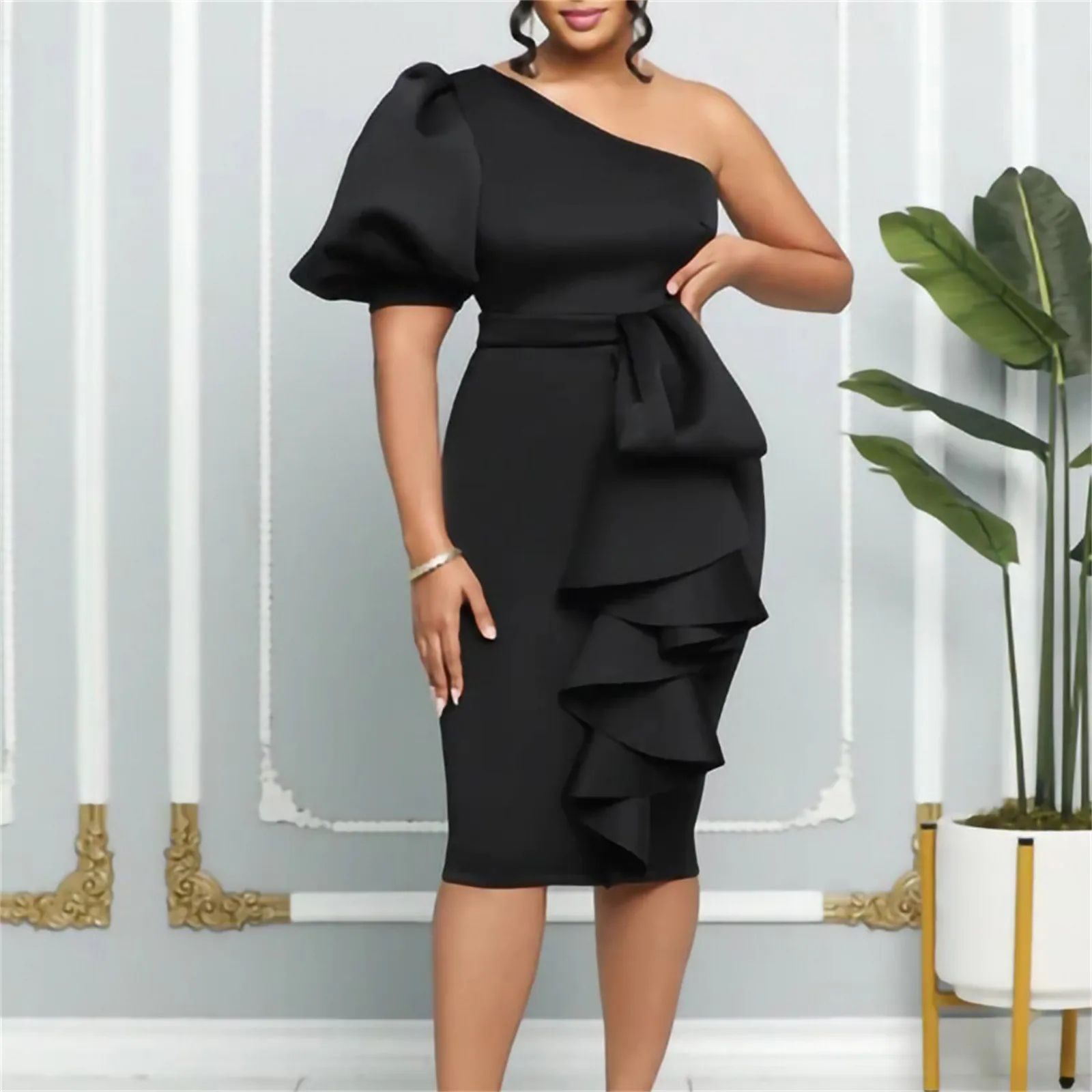 Solid-Slanted-Shoulder-Dress-Puff-Sleeve-Ruffle-Tucked-Waist-Hip-Dress ...