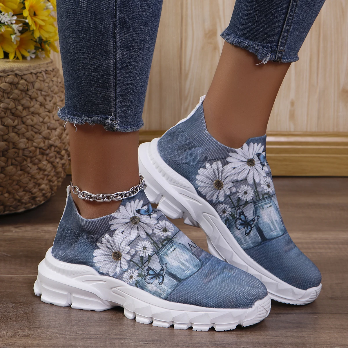 Letters Floral Print Platform Sneakers for Women Fashion Knitting ...