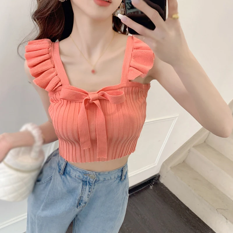 Ruffled-Camis-For-Women-Short-Tank-top-Summer-Solid-Square-Neck ...