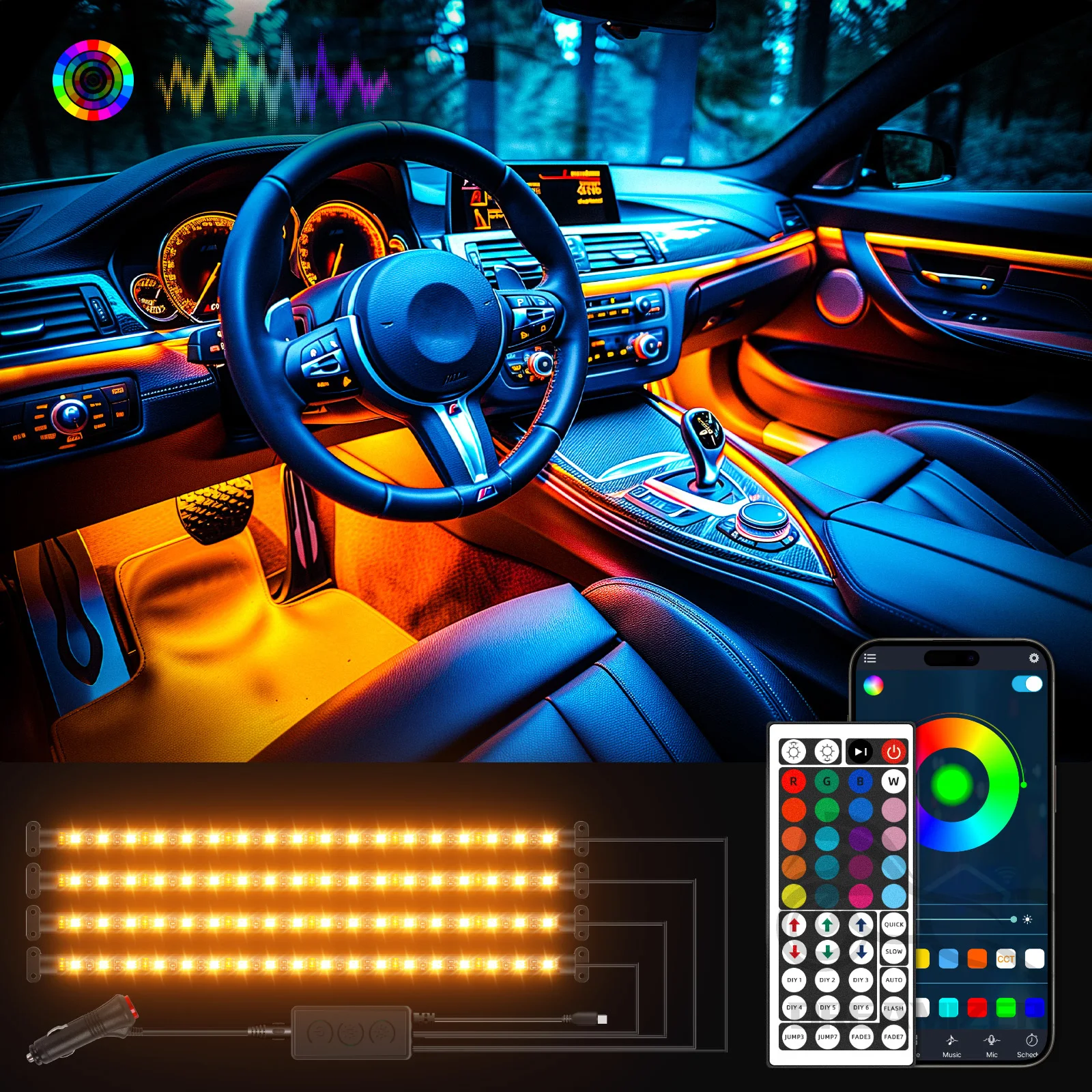 72 LED Car Interior Ambient Foot Light Backlight Auto RGB Atmosphere ...