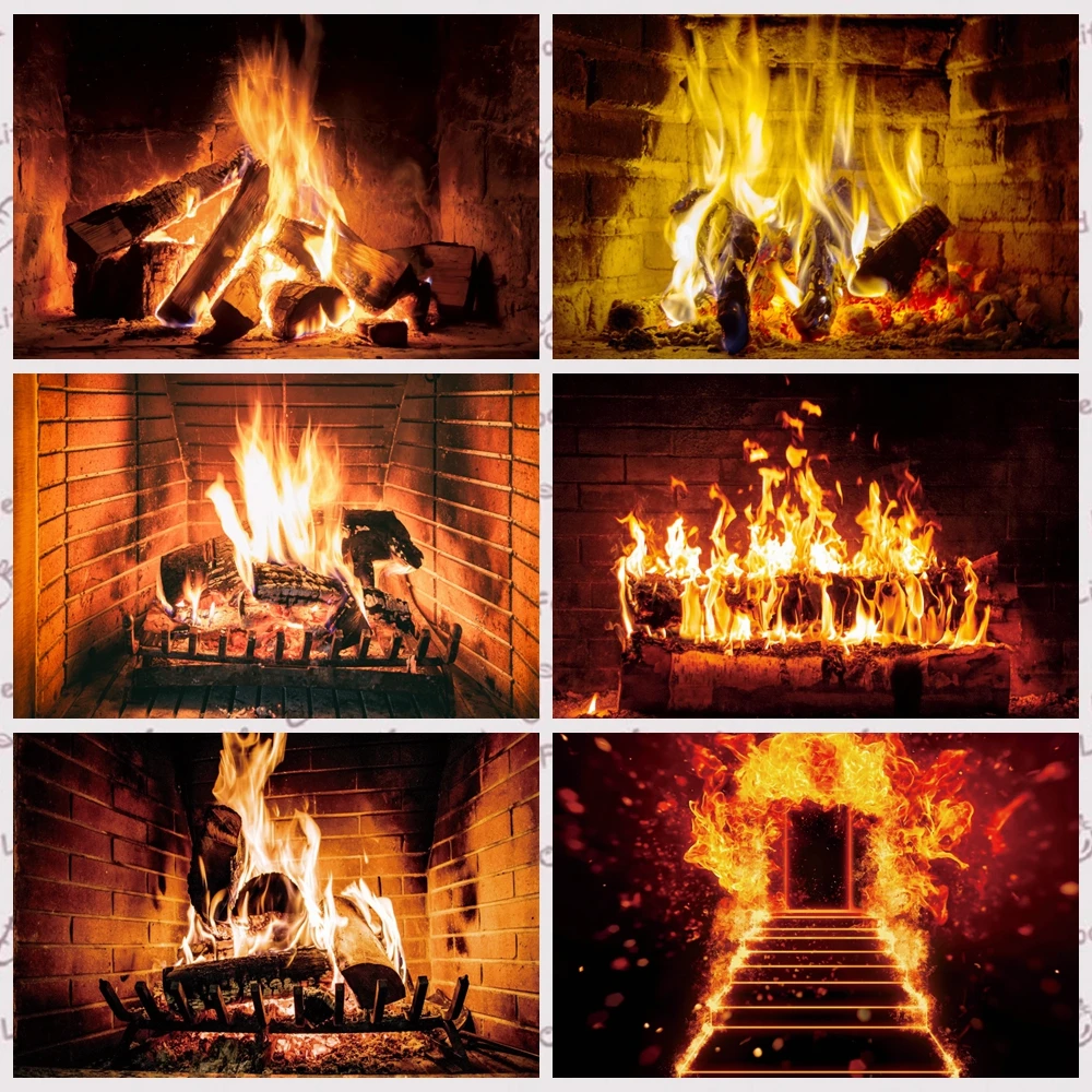 Burning-Flame-Photography-Backdrop-Winter-Christmas-Brick-Fireplace ...