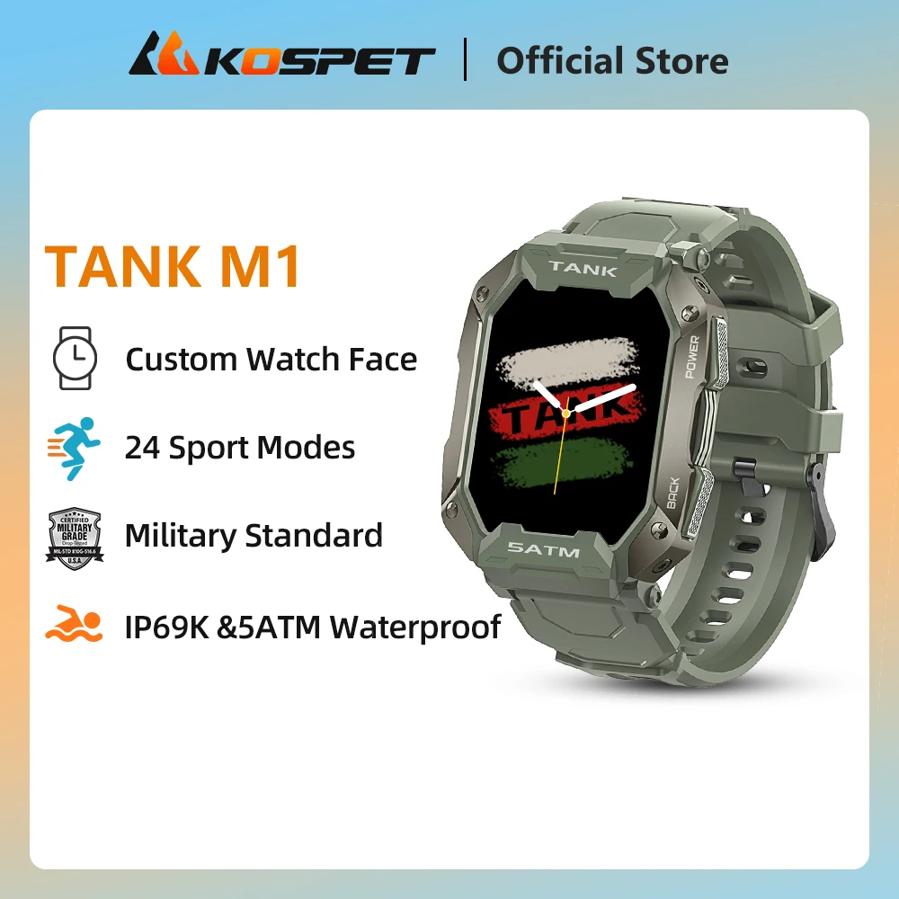 2023 New Kospet Tank M1 Smartwatch Men 24 Sports Modes Heart Rate Monitor 5atm Ip69k Waterproof ...