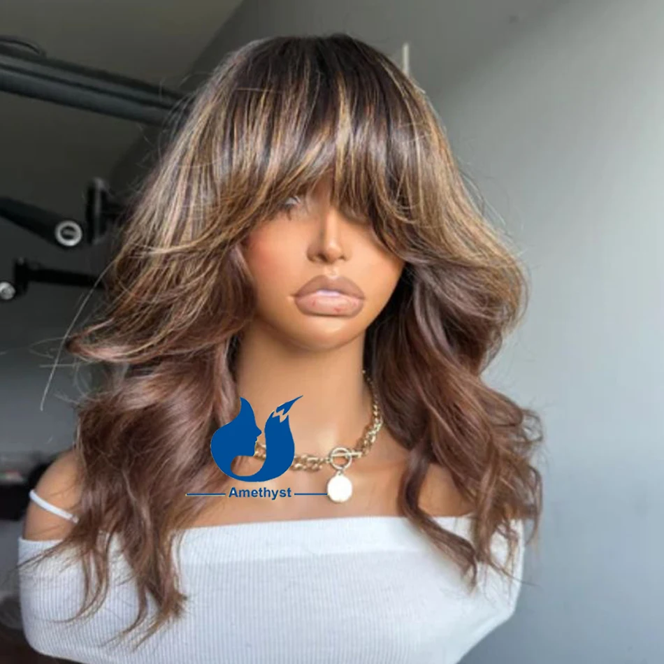 Amethyst Brown With Blonde Highlights Human Hair Bang Wig For Black ...