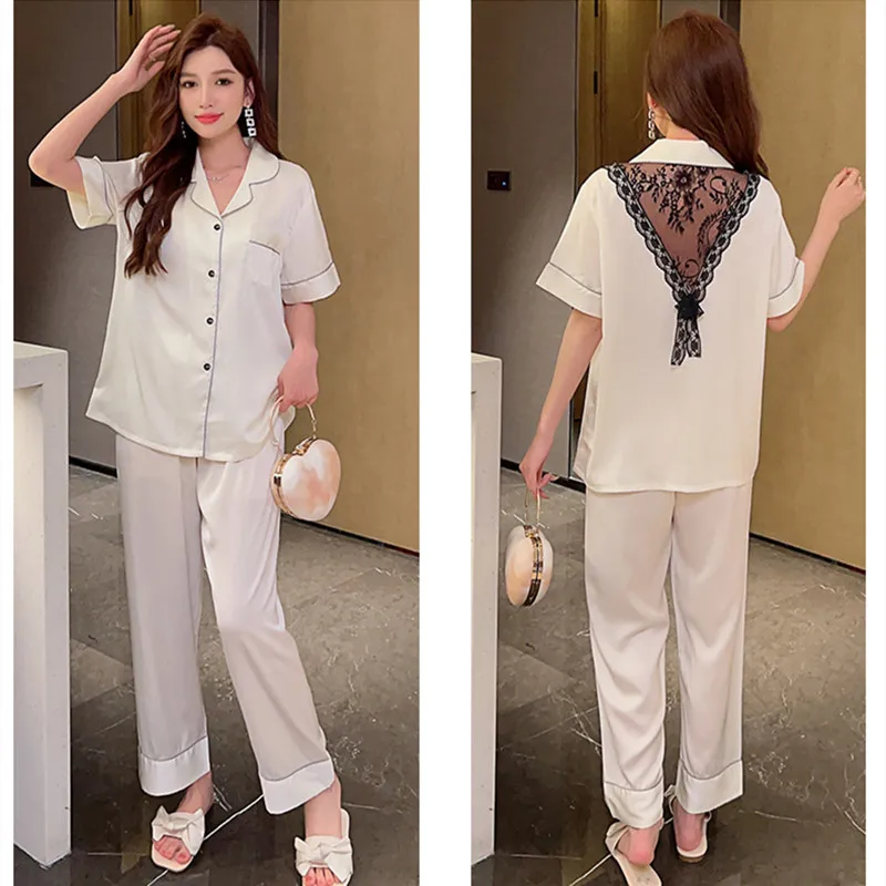Lapel-Back-Hollow-Out-Sleepwear-Suit-Women-Short-Sleeve-2Pcs-Pajamas ...