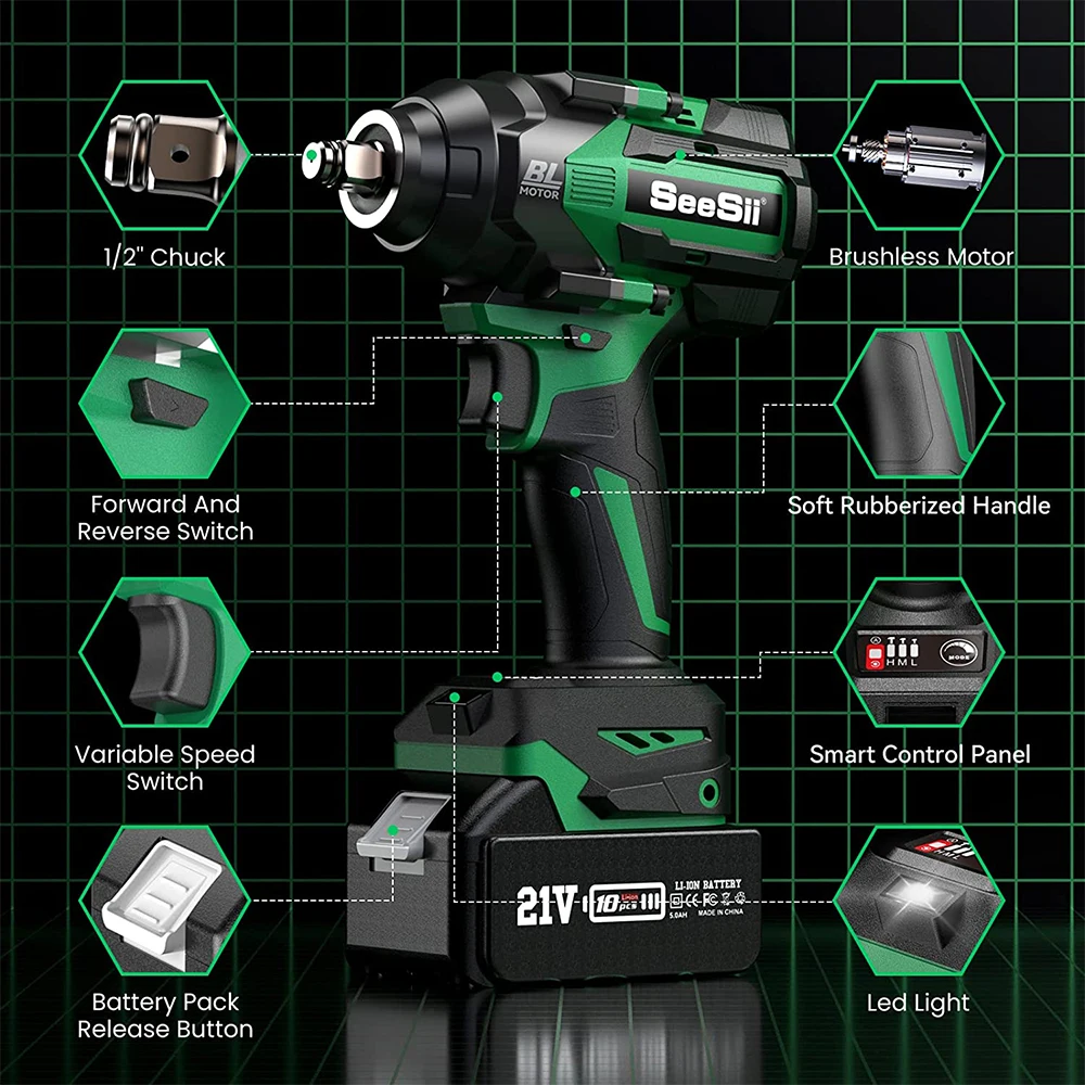 SEESII WH750 Brushless Impact Wrench High Torque Cordless, 45% OFF