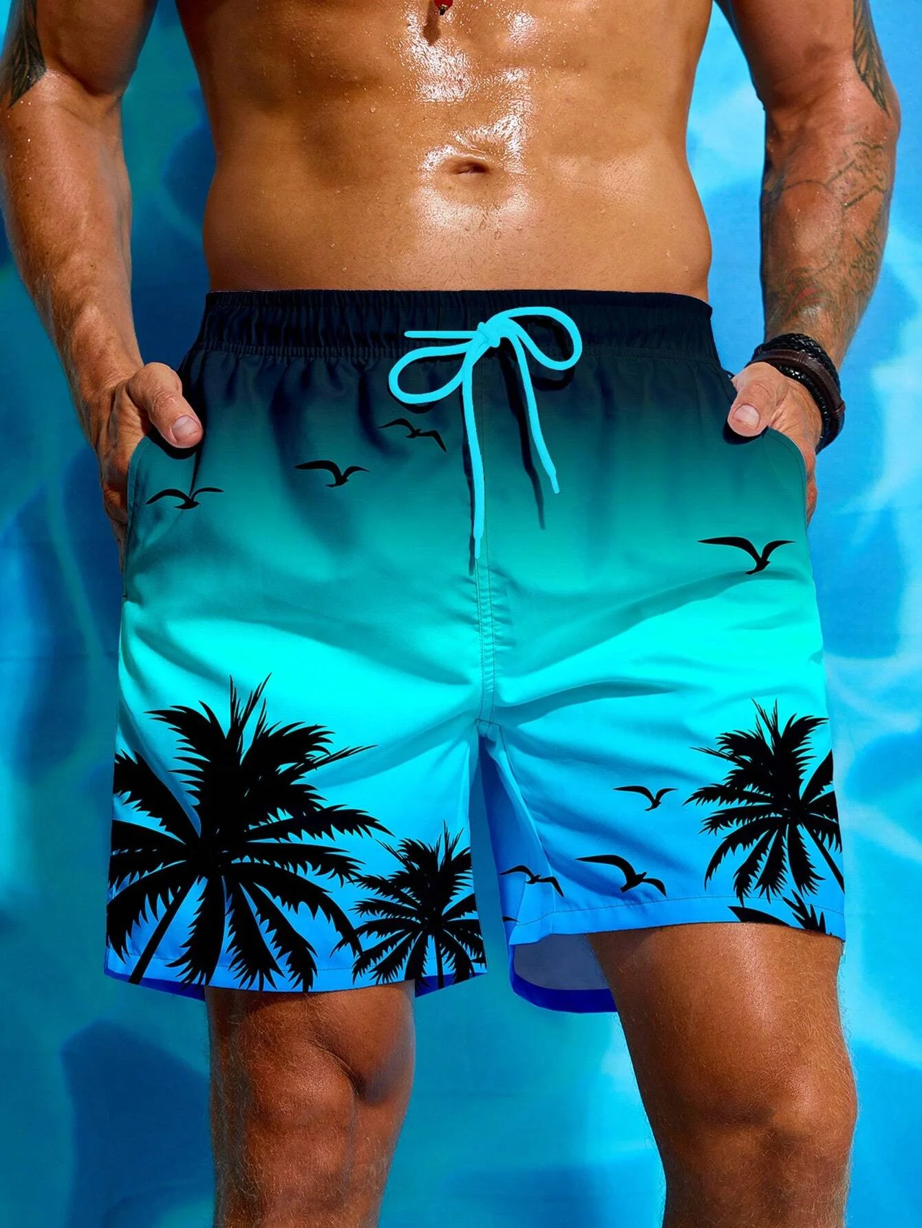 Summer-Vacation-Men-s-Palm-Tree-Print-Drawstring-Waist-Board-Shorts ...