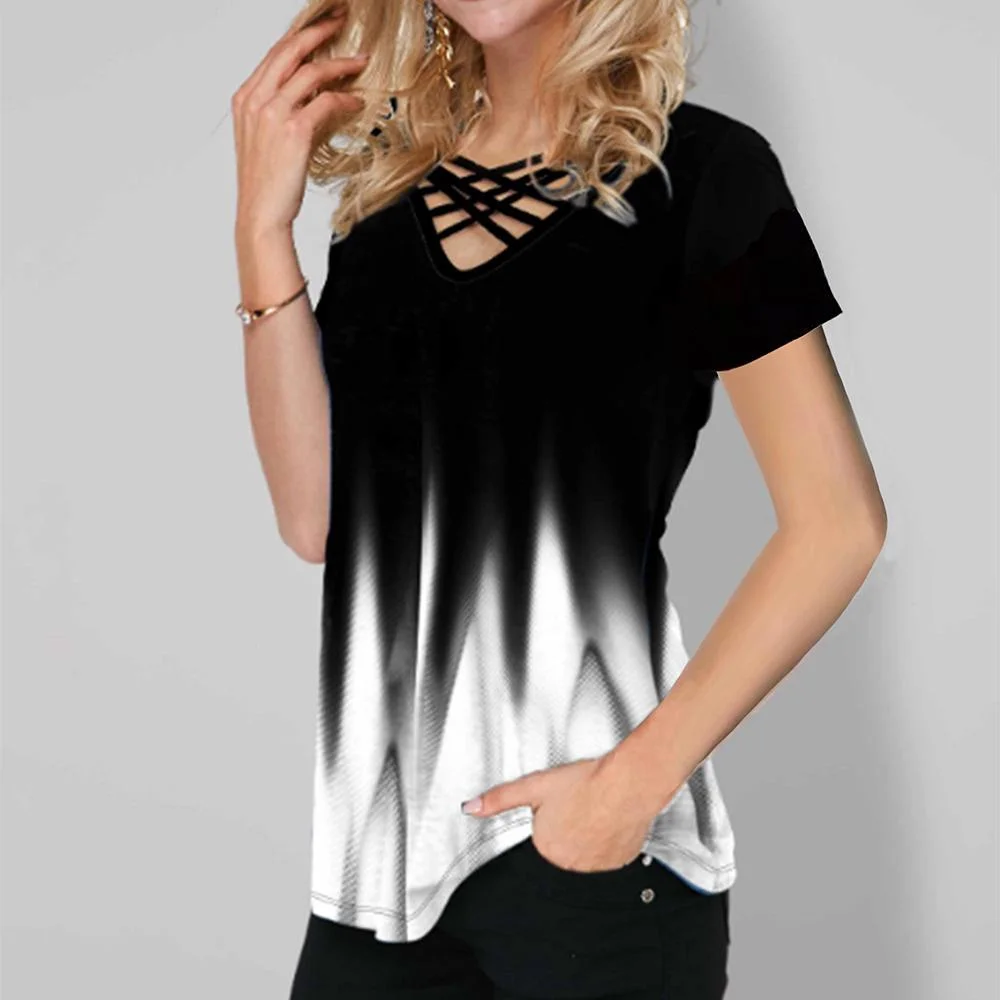 Plus-Size-Womens-Short-Sleeve-Blouse-Printed-Gradient-V-Neck-Cross ...