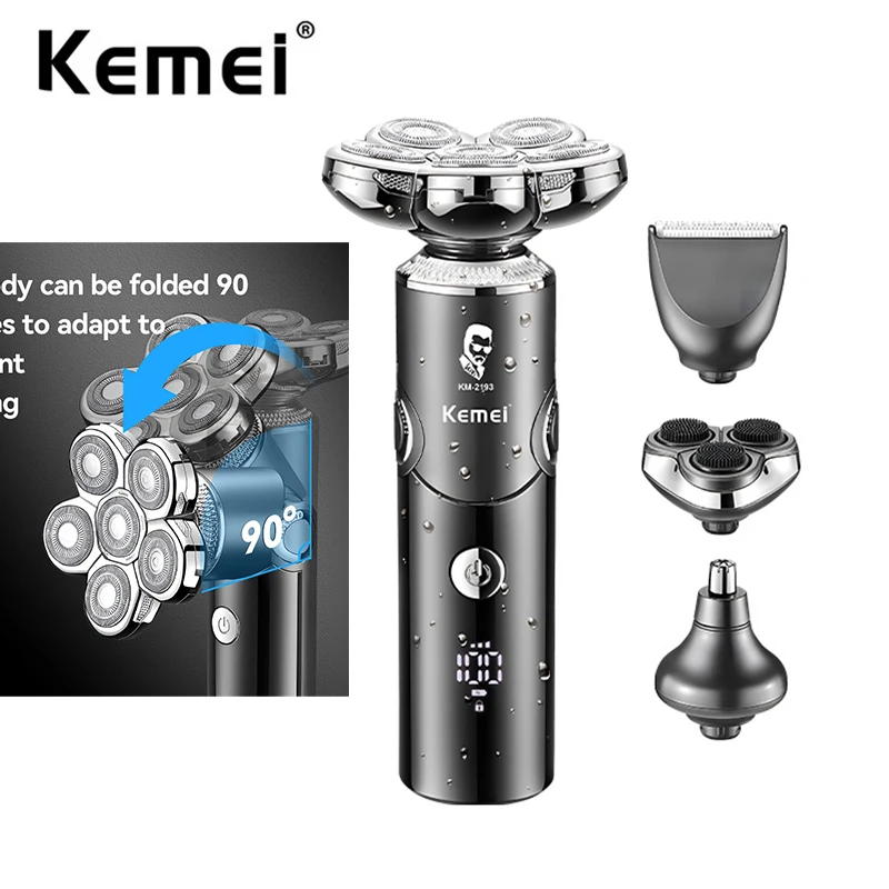 Kemei-Foldable-6-Blades-Shaver-Detachable-Head-Electric-Rotary-Razor-IPX7-Waterproof-Bald-Men ...