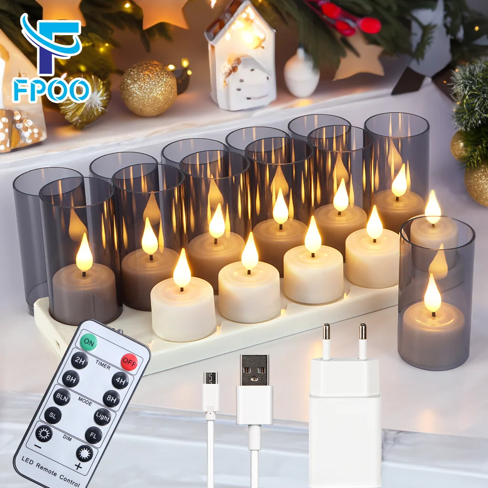 6-12Pcs-LED-Candle-Light-Timer-Rechargeable-Flashing-Flameless-Candle ...