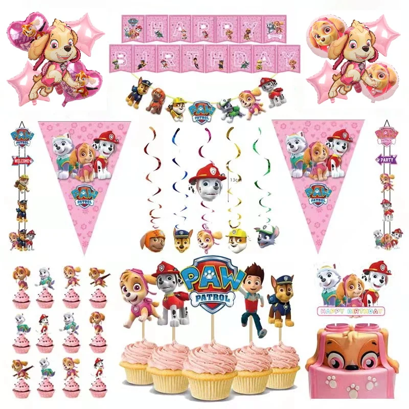 Conjunto de decoración de cumpleaños de la patrulla canina para niñas, banderín de fiesta de ...