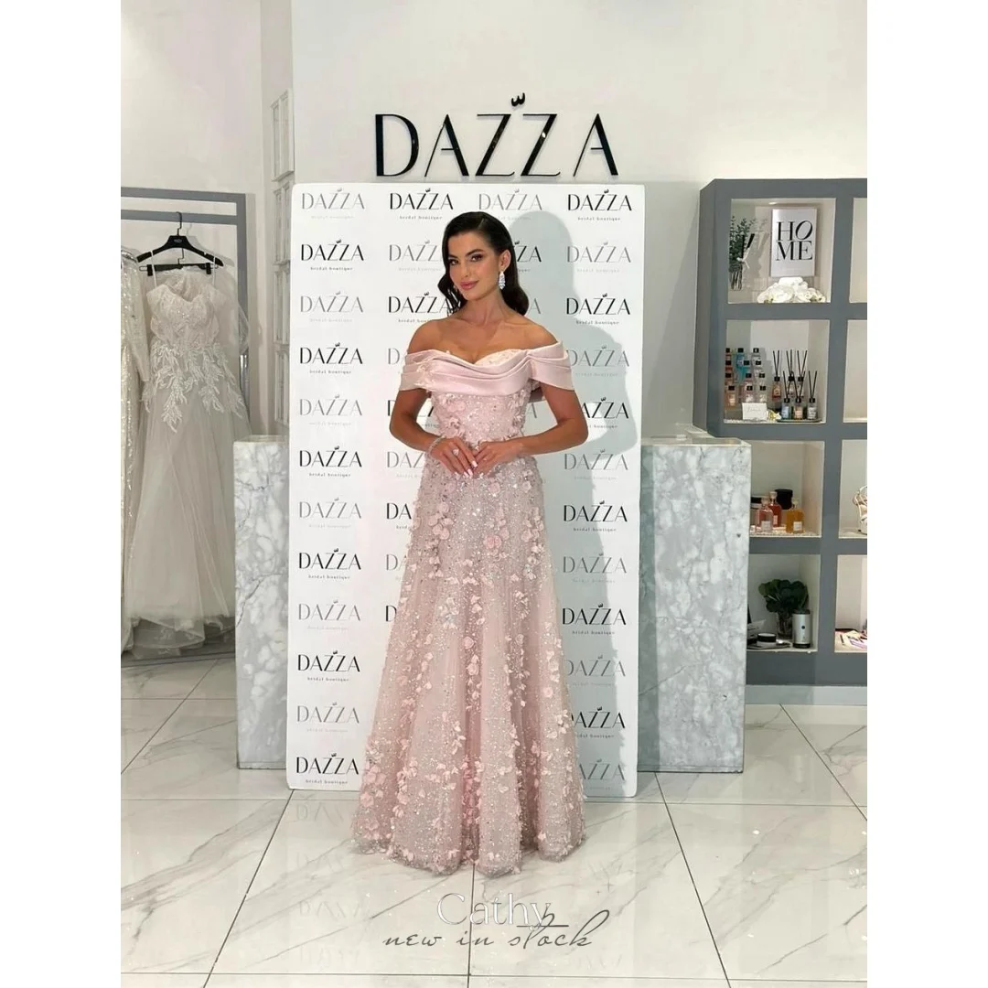Cathy Customized Pink Exquisite Shiny Flowers Prom Dress Off Shoulder A ...