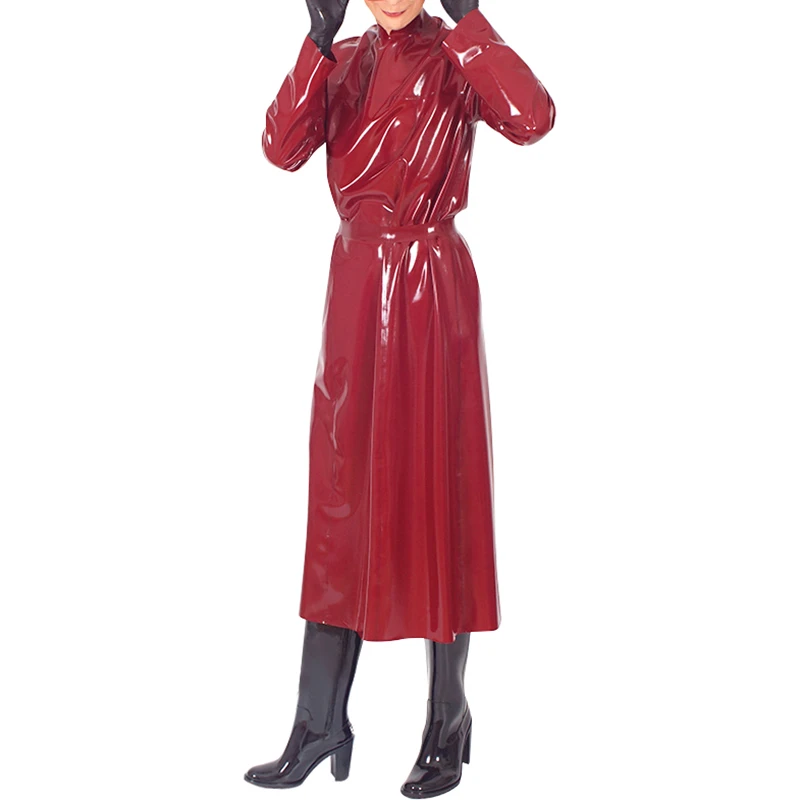Plum Red Sexy Latex Coat With Belt And Buttons At Back Rubber Nightgown ...