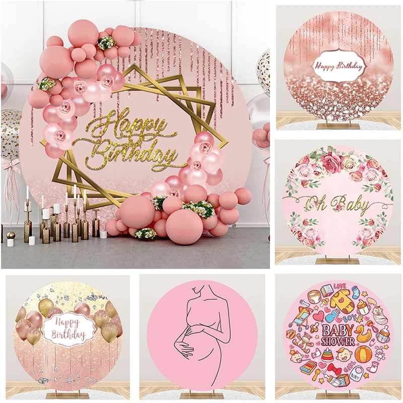 Pink-Color-Round-Photography-Backdrop-Happy-Birthday-Baby-Shower-Custom ...