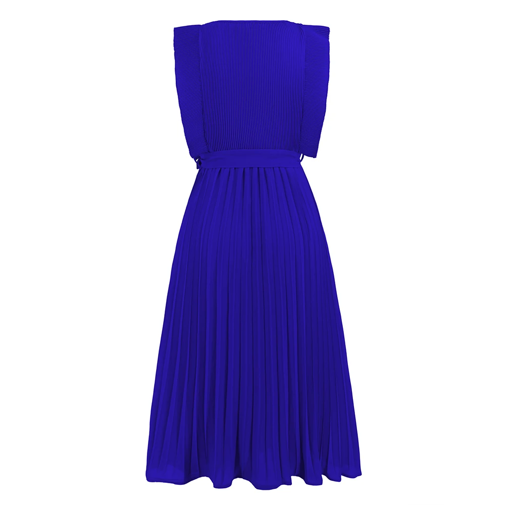 Solid Color Pleated Fashion Elegant Round Neck Ruffle Loose Midi Dress