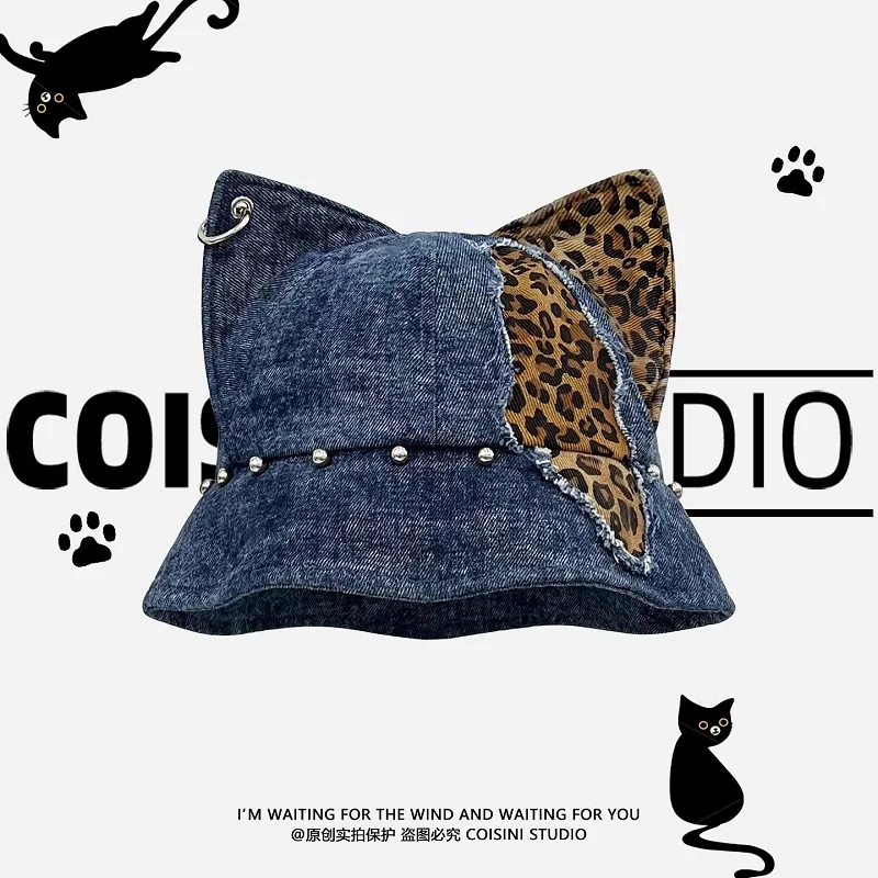 Retro Leopard Print Cute Cat Ear Bucket Hats for Women Spring Summer ...