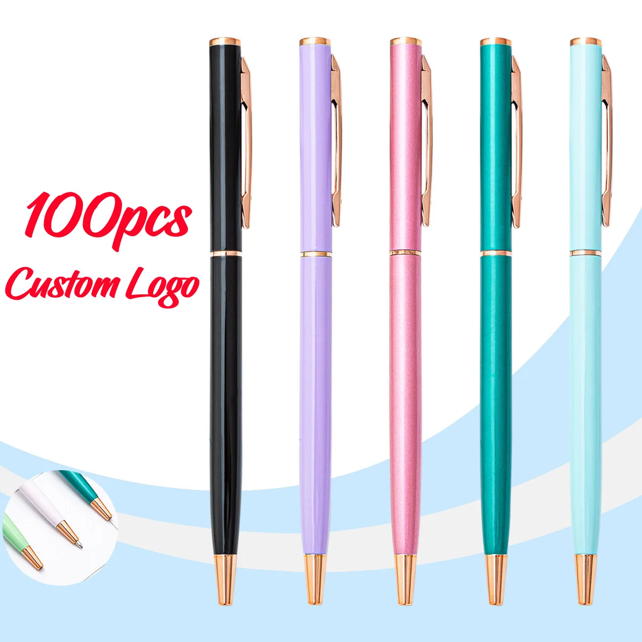 100Pcs/Lot New Slim Metal Ballpoint Pens Rose Gold Custom Logo Advertising Lettering Engraved ...