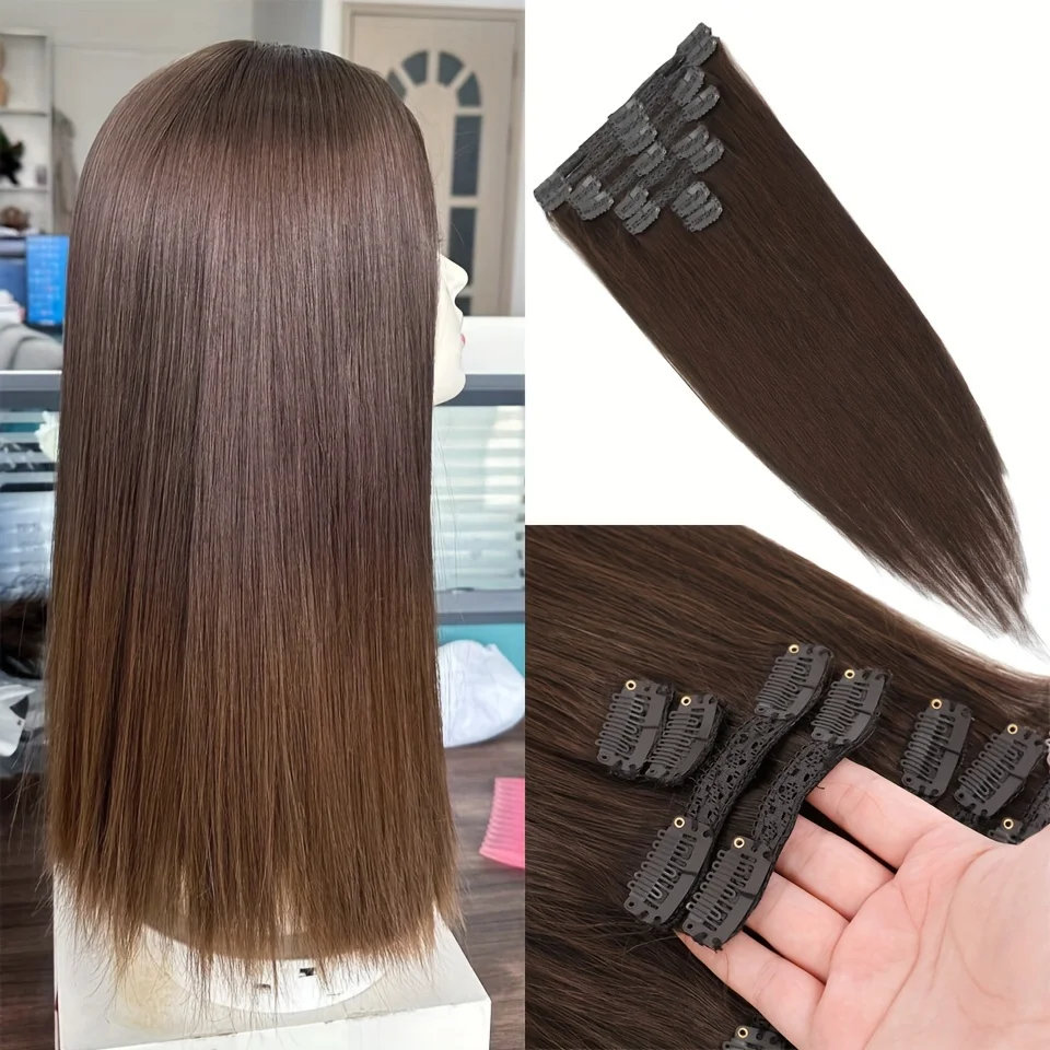 Extensiones-de-Cabello-con-Clip-cabello-humano-Real-liso-marr-n-oscuro ...