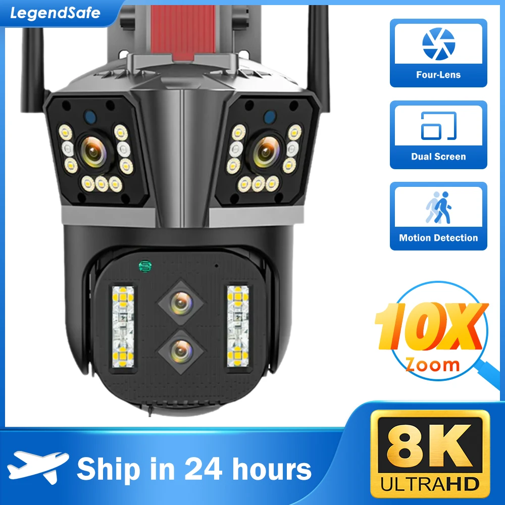16MP 8K HD IP Camera 10X Zoom Outdoor Four lenses Three-Screen PTZ 8MP WiFi Camera Security ...